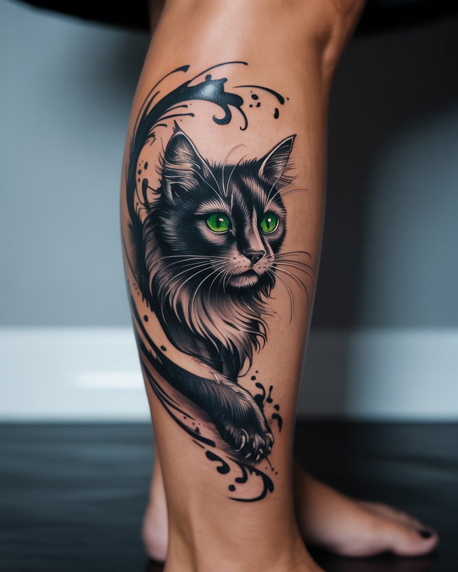 Emerald Gaze: The Mesmerizing Art of Feline Portrait Tattoos - litetattoo.com